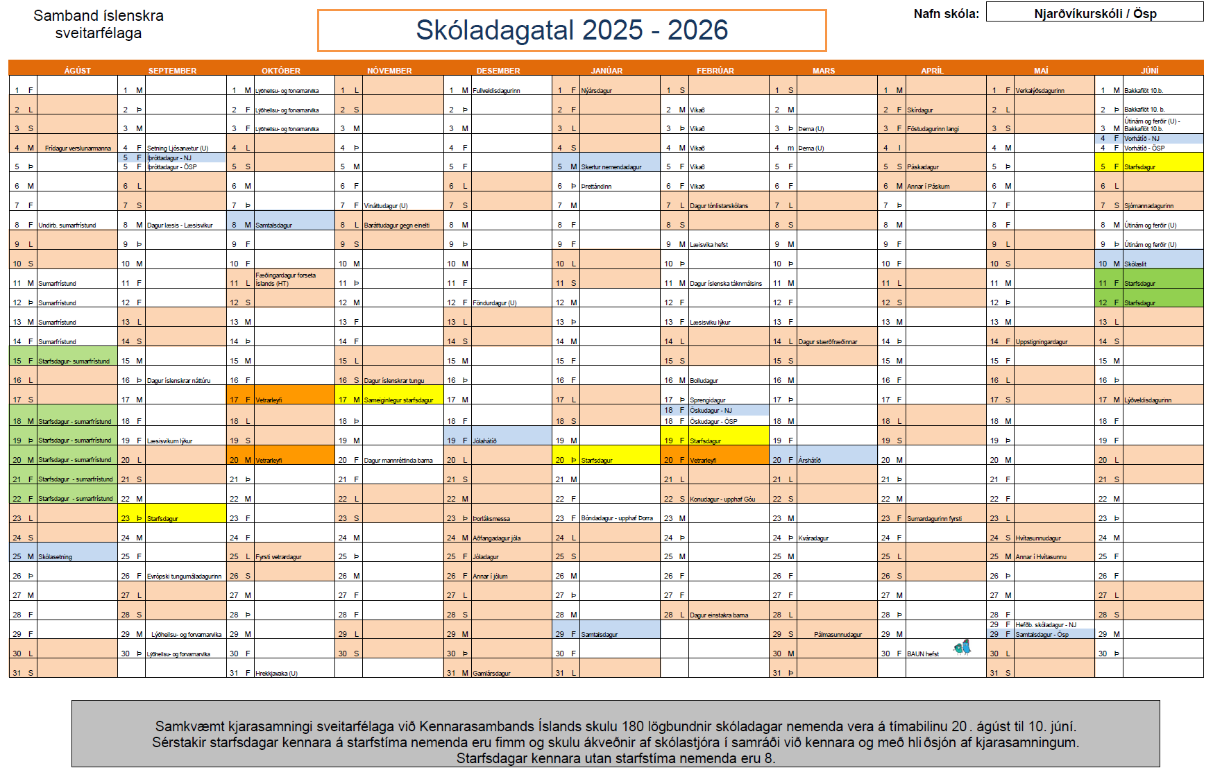 Skóladagatal fyrir skólaárið 2025-2026 | Njarðvíkurskóli